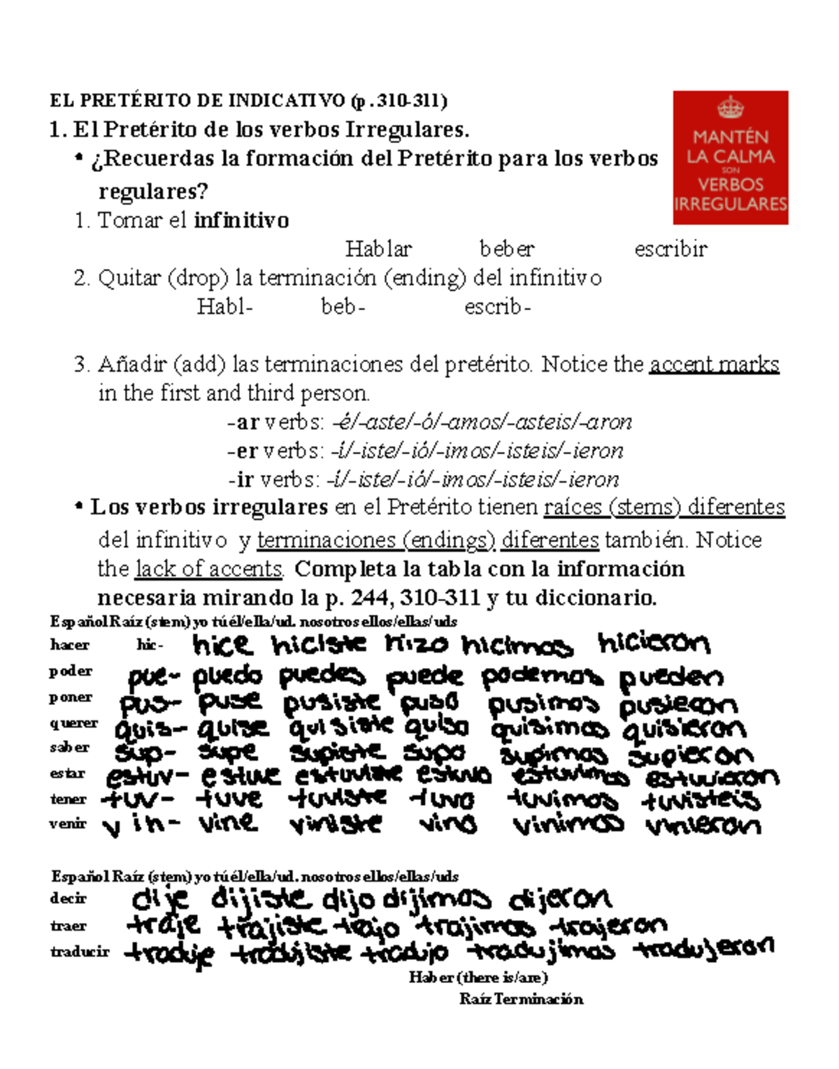 Preterito Irregulares Tarea - EL PRETÉRITO DE INDICATIVO (p. 310-311) 1 ...