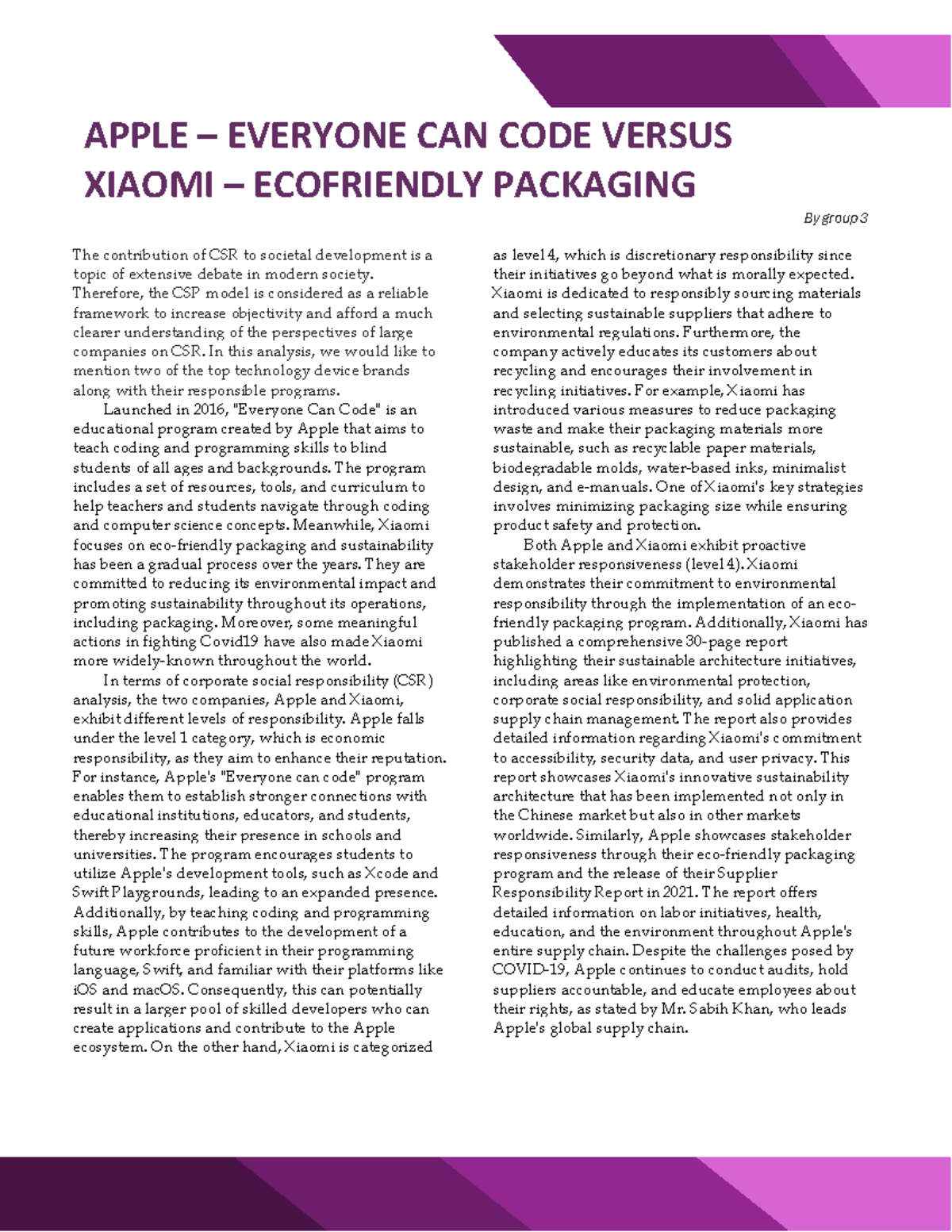 - Group 3 - bài tập nhóm - APPLE – EVERYONE CAN CODE VERSUS XIAOMI – ECOFRIENDLY PACKAGING By ...