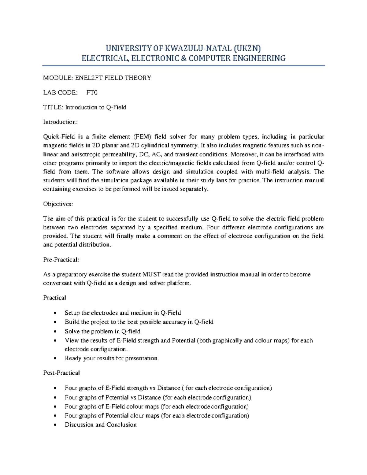 FT0 Field Theory Practical - UNIVERSITY OF (UKZN) ELECTRICAL ...