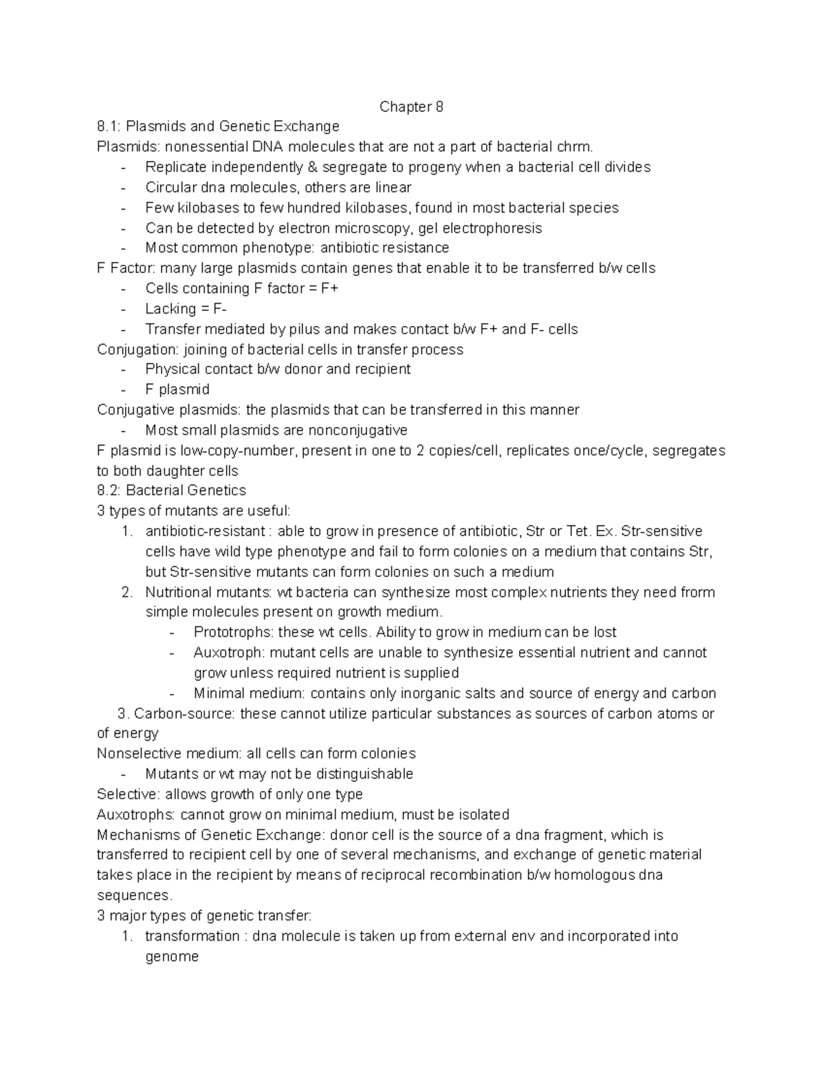 Genetics Ch 8 Outline - Chapter 8 8: Plasmids and Genetic Exchange ...