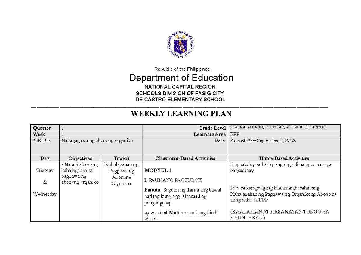 WLP Q1 W1 EPP - epp - Republic of the Philippines Department of ...