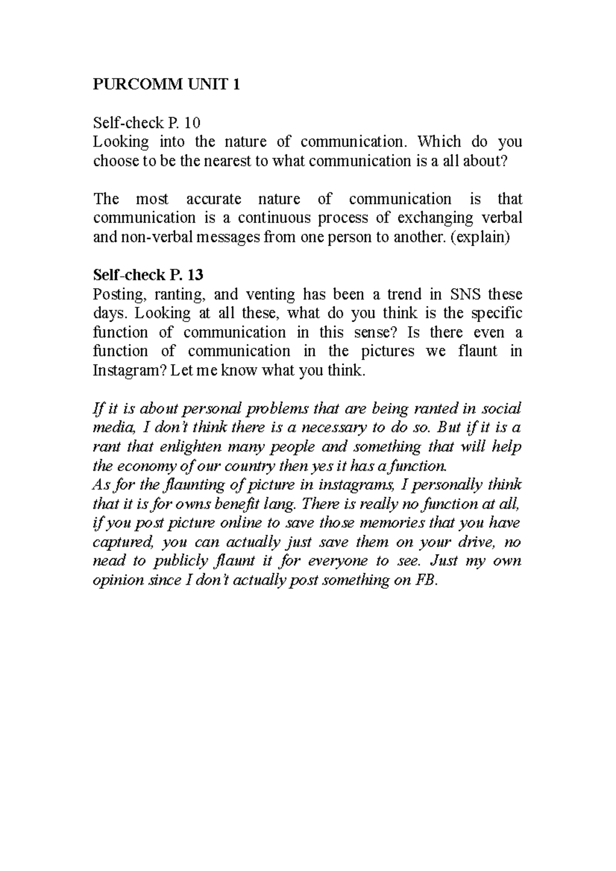 Purcomm UNIT 1 - FASFEAF - PURCOMM UNIT 1 Self-check P. 10 Looking into ...