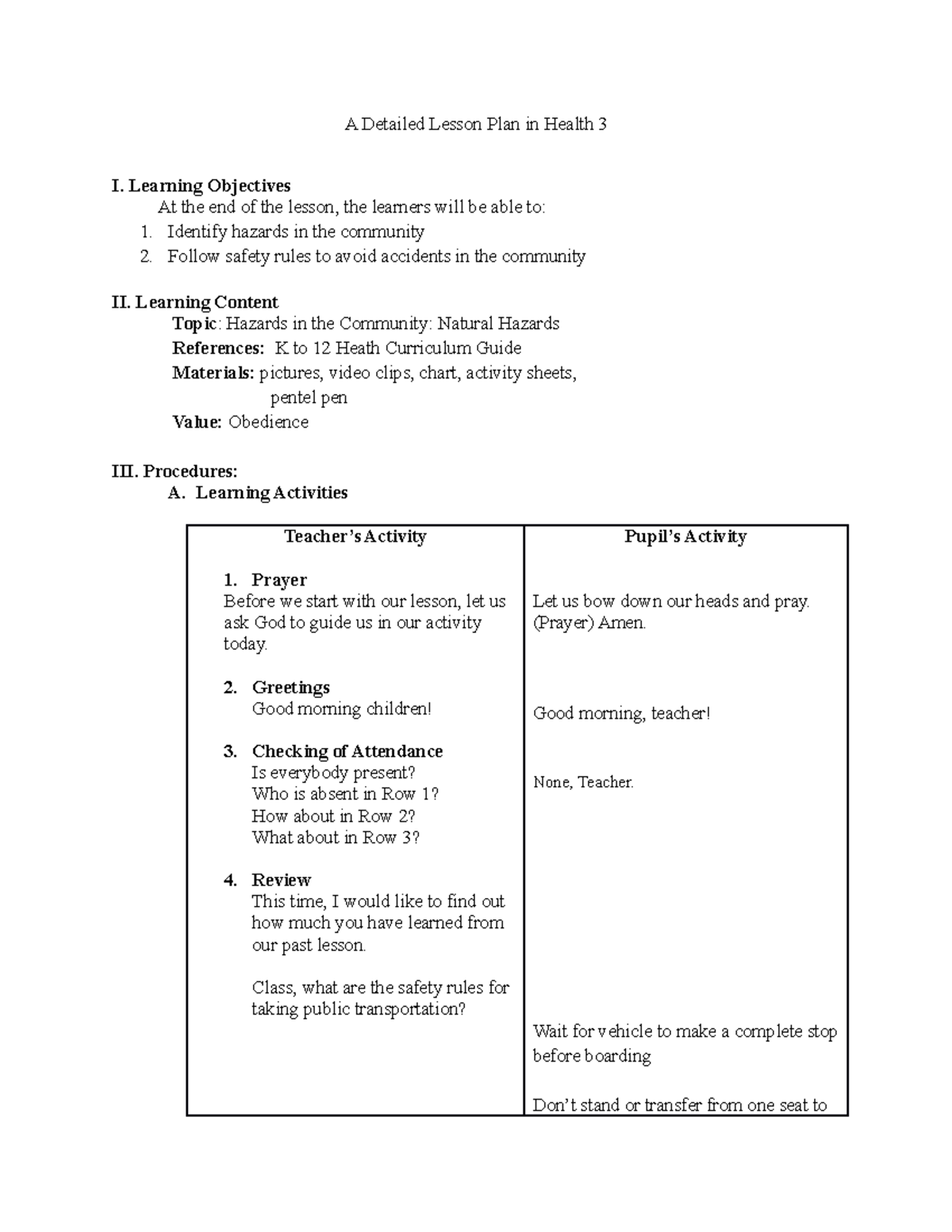 A Detailed Lesson Plan In Health 3 Learning Objectives At The End Of 