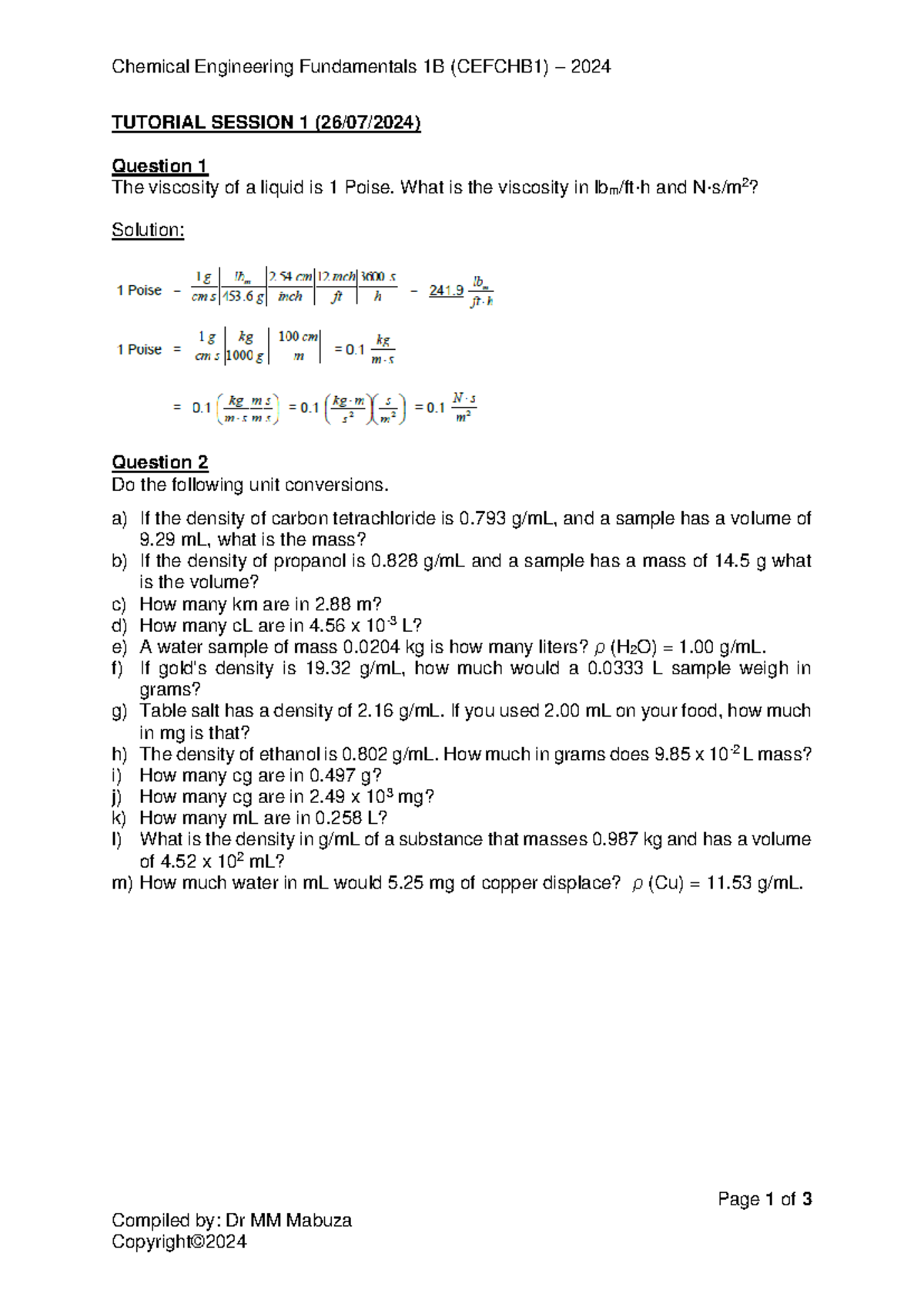 Tutorial Session 1 (26.07.2024) - Solution - Chemical Engineering ...