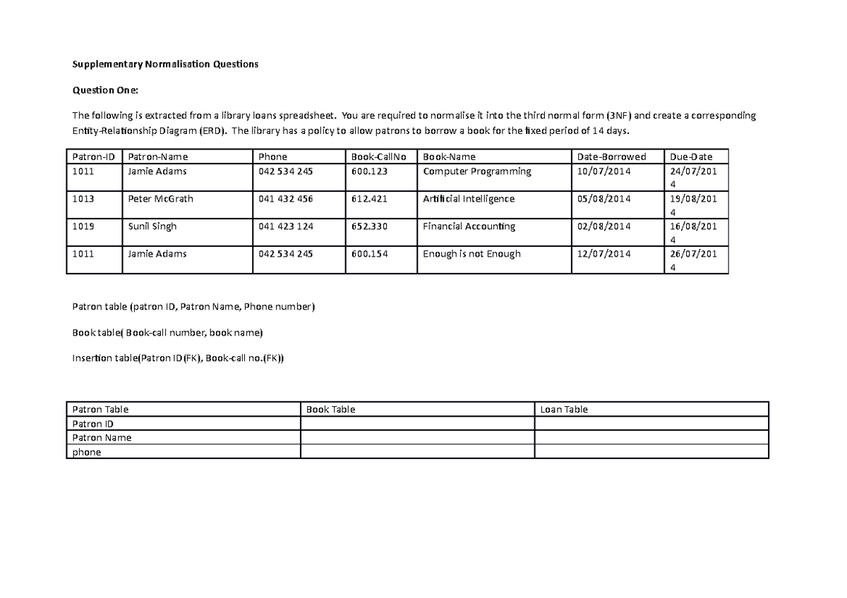 Week Two Normalisation Questions Supplementary Normalisation Questions Question One The