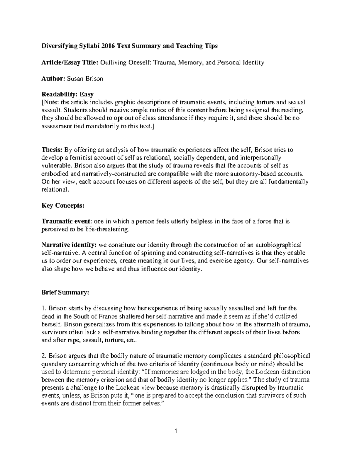 Susan brison outliving oneself handout - 1 Diversifying Syllabi 2016 ...