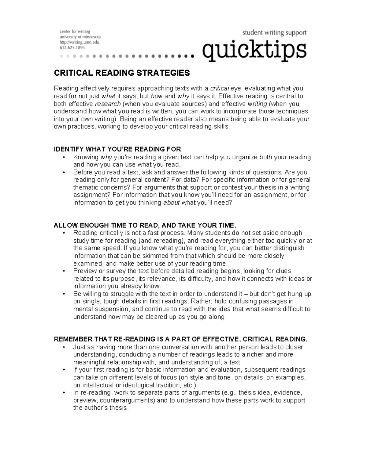 Critical reading - CRITICAL READING STRATEGIES Reading effectively ...