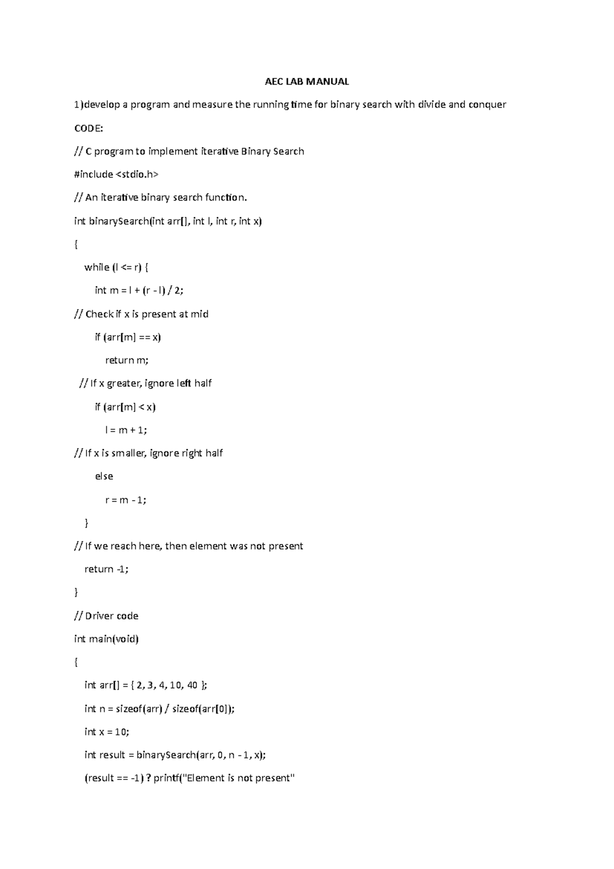AEC LAB Manual - AEC LAB MANUAL 1)develop a program and measure the running time for binary ...