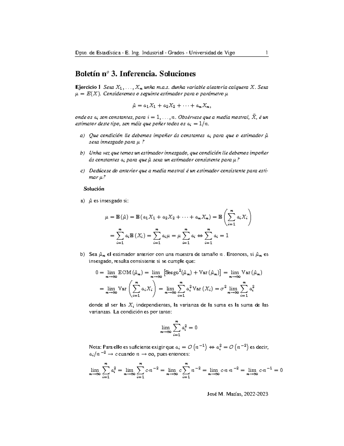 Boletin 3 Inferencia 2223 Soluciones - Boletín no 3. Inferencia. Soluciones Ejercicio 1 Sexa X 1 ...