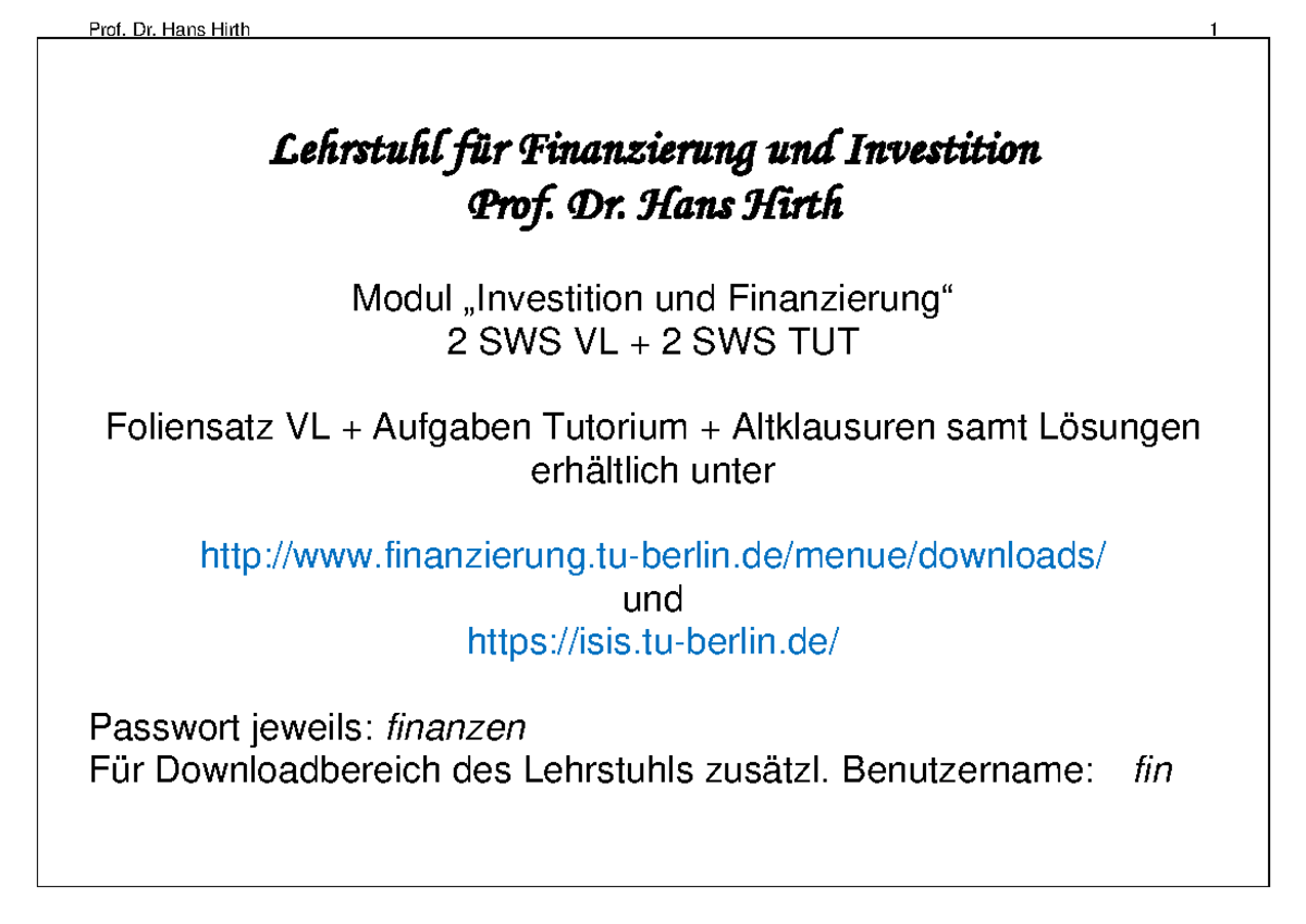 Iu F Vorlesungsskript Wi Se1920 - Lehrstuhl für Finanzierung und ...