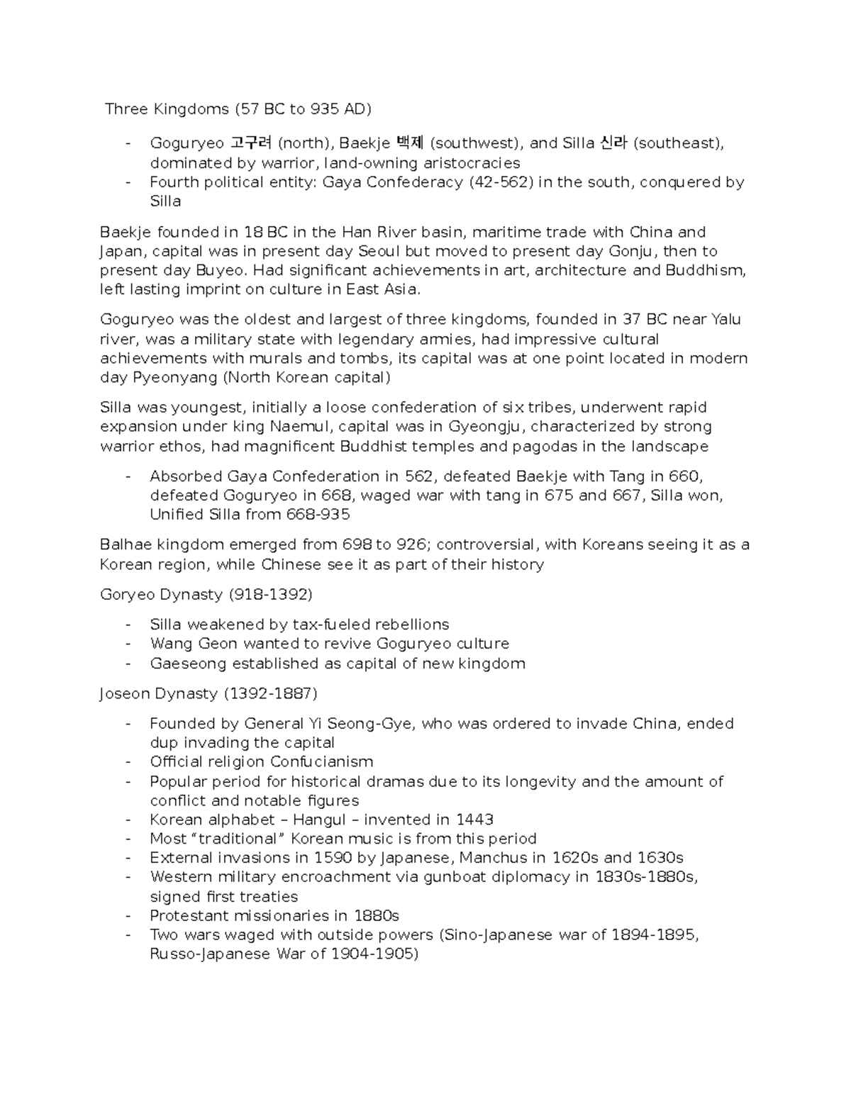 ASIA 327 Basics of Korean History Lecture Notes - Three Kingdoms (57 BC ...