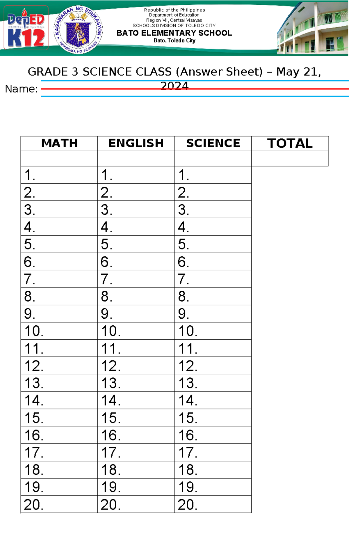 Grade 3 Science Class Answer Sheet - GRADE 3 SCIENCE CLASS (Answer ...