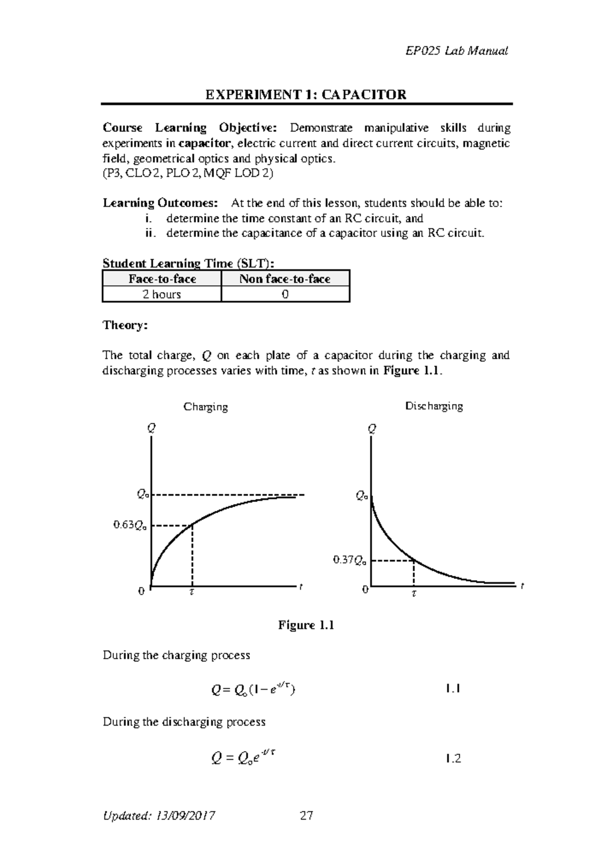 1 Experiment Lab Manual dan Pre Lab Module EP025 - EXPERIMENT 1: CAPACITOR Course Learning - Studocu