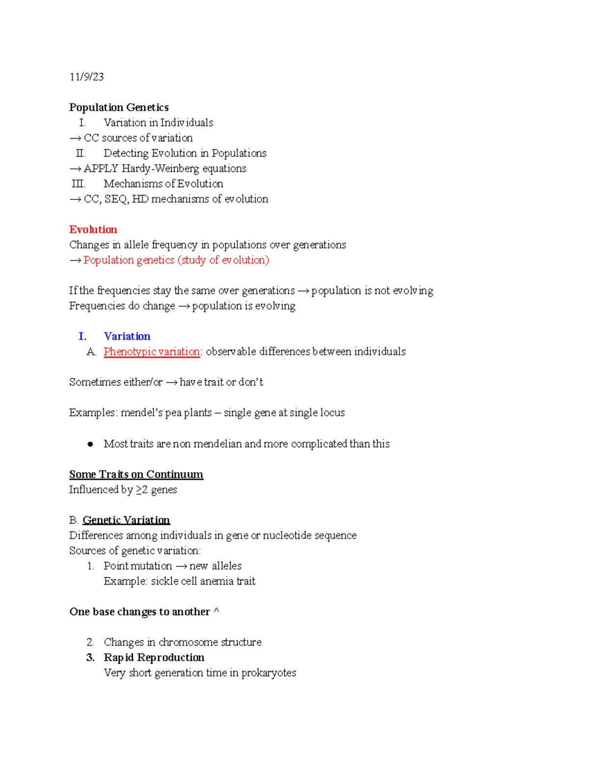 Bio 115 Notes 11 9 23 - 11/9/ Population Genetics I. Variation in ...