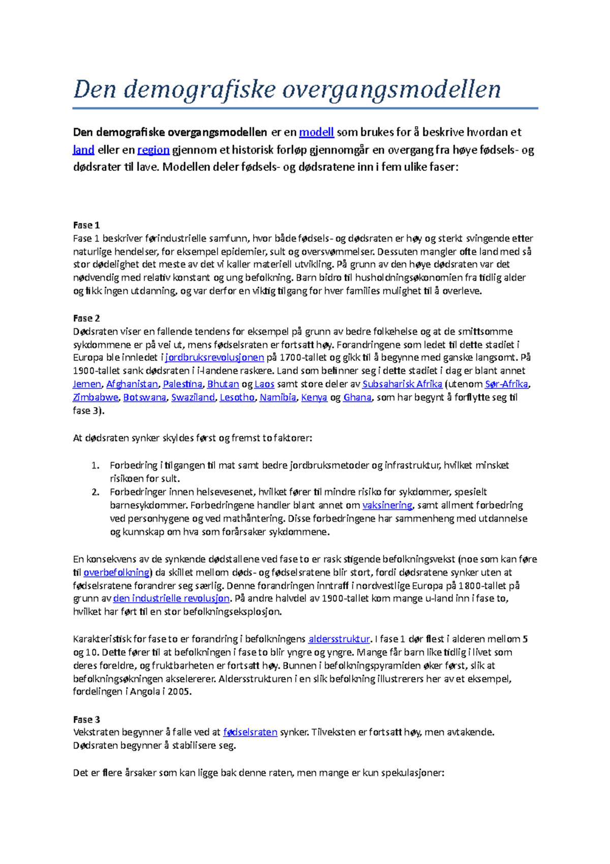 Den demografiske overgangsmodellen - Modellen deler og inn i fem ulike ...