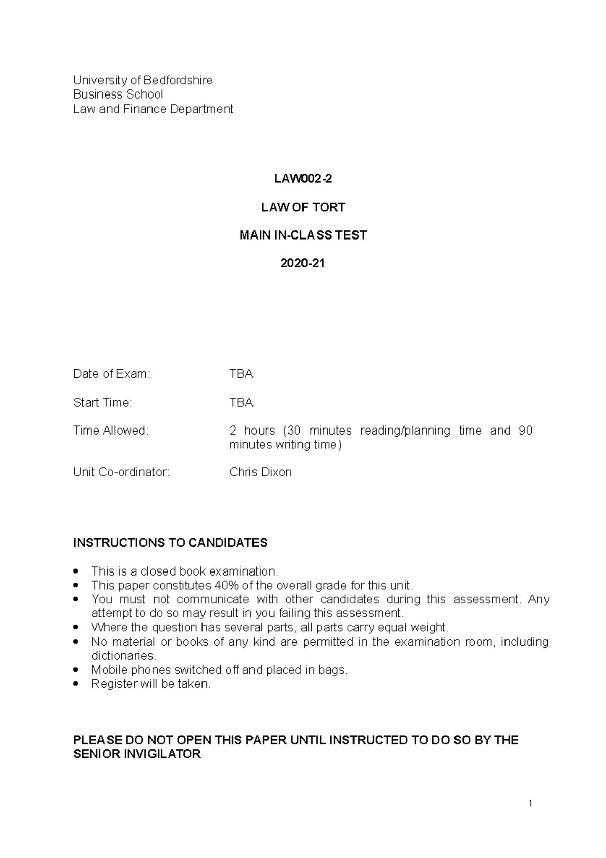 LAW002-2 Tort Main Assessment 1 in class test 20-21 F - University of ...