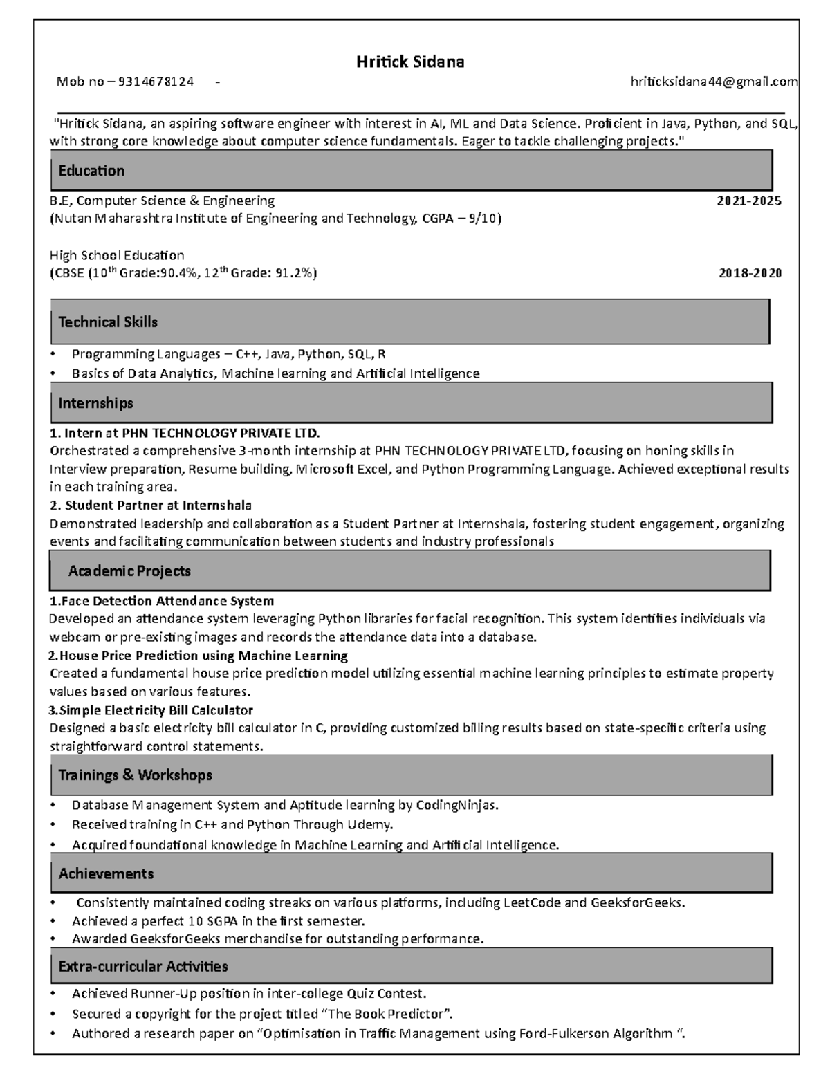 Hritick Sidana Resume - Hritick Sidana Mob no – 9314678124 - hriticksidana44@gmail "Hritick ...