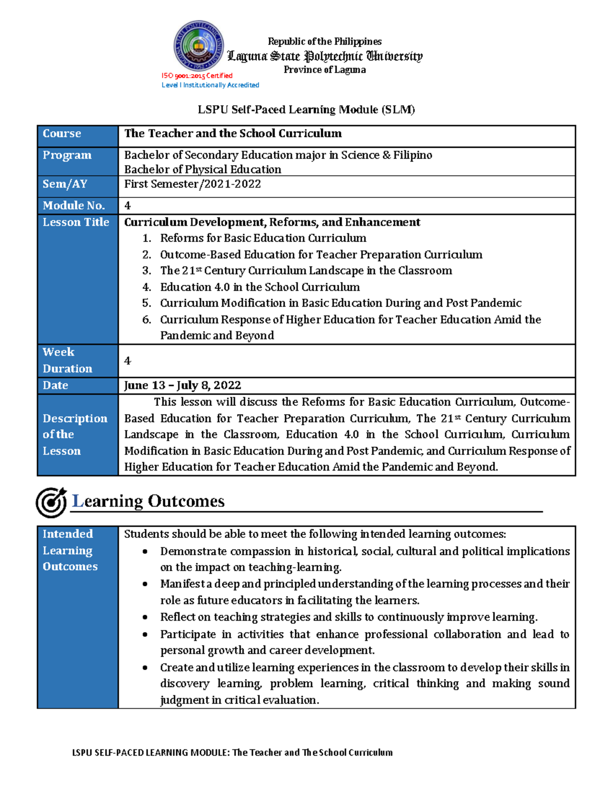 Module 4 The Teacher and The School Curriculum 2 1 - ISO 9001:2015 ...