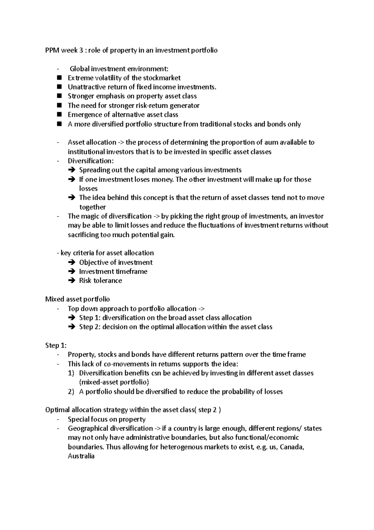PPM week 3 - notes - PPM week 3 : role of property in an investment ...