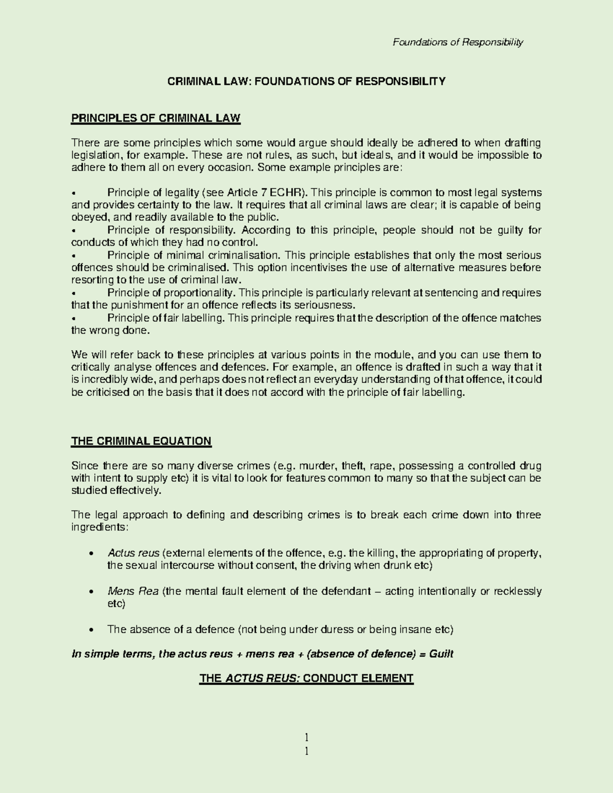 Foundations of responsibility lecture handout 23-24 - 1 CRIMINAL LAW ...