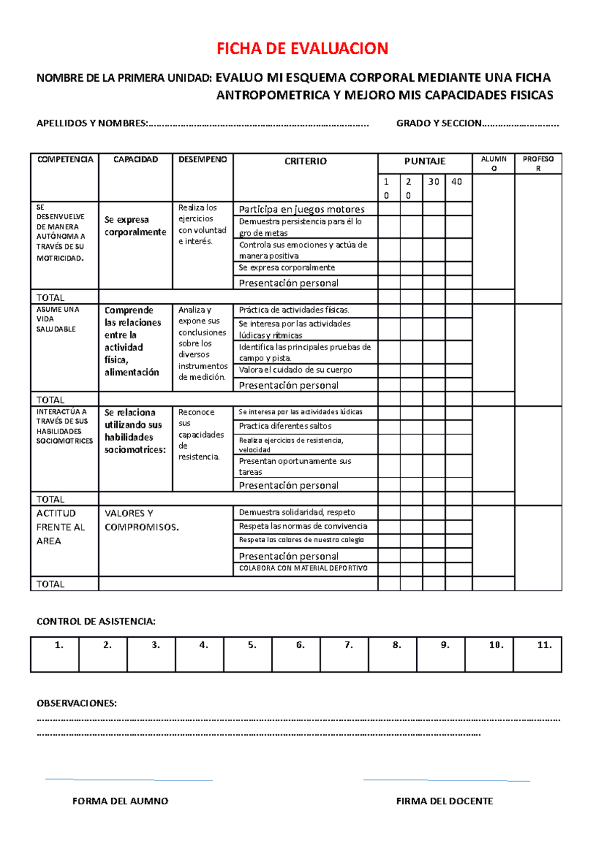 Ficha DE Evaluacion I Bimestres - FICHA DE EVALUACION NOMBRE DE LA ...