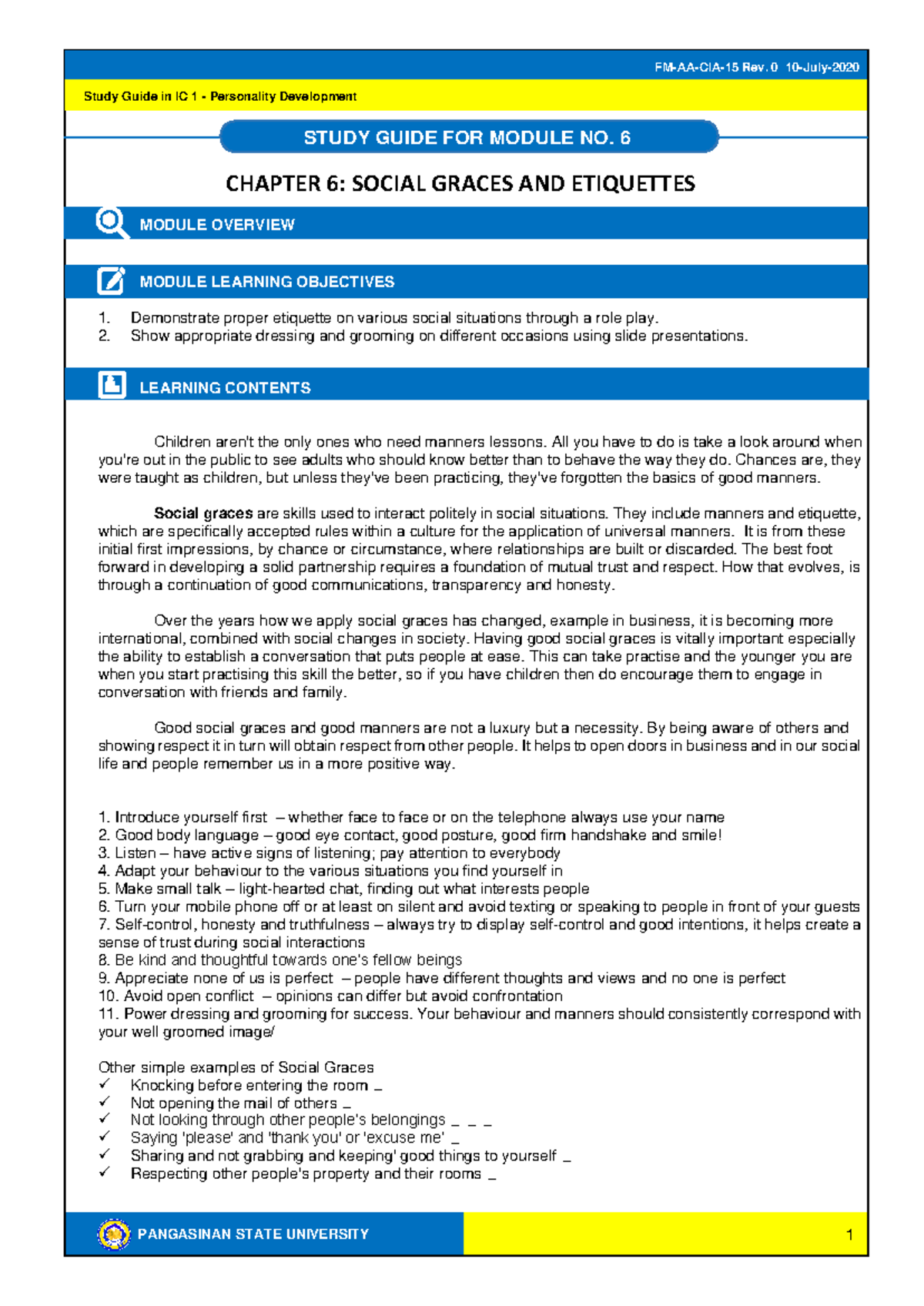 IC 1 Module 6 Social Graces and Etiquettes Copy - PANGASINAN STATE ...