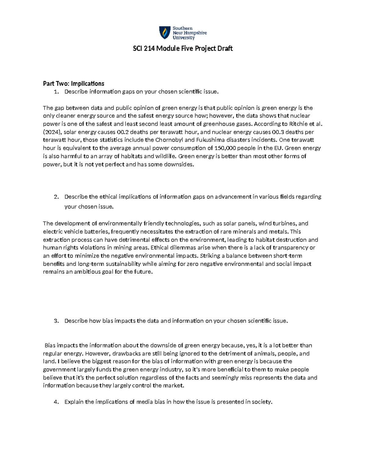 SCI module 5-2 - study guild - SCI 214 Module Five Project Draft Part Two: Implications 1 ...