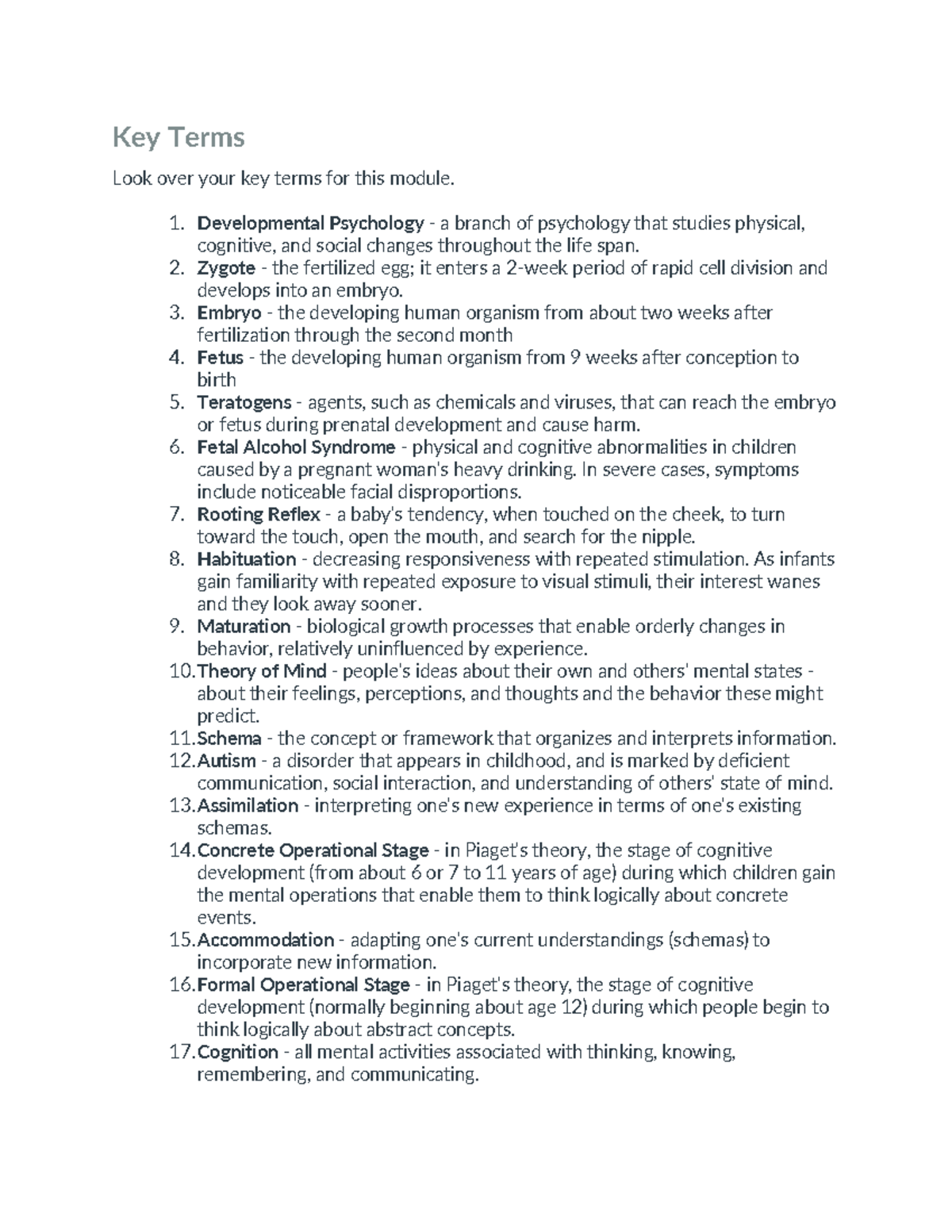 Developmental Psychology Key Terms - Key Terms Look over your key terms ...