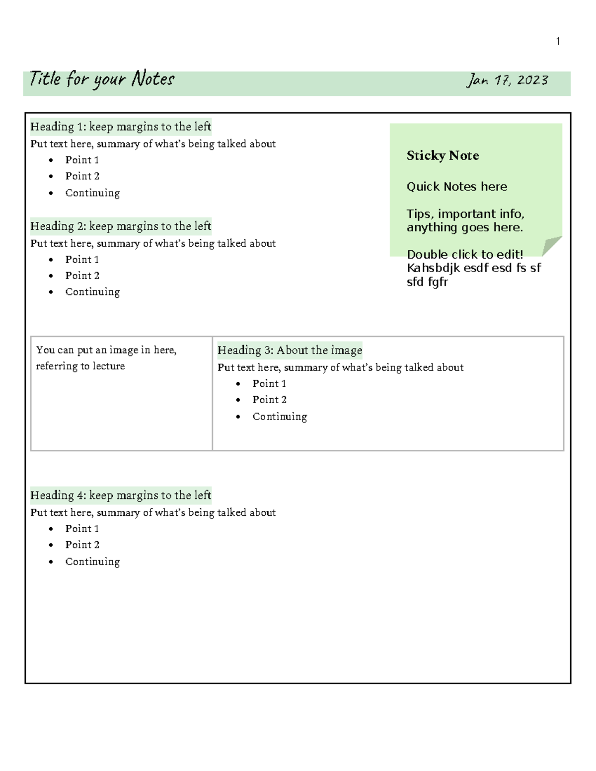 Template NOTE Taking - 1 Title for your Notes Jan 17, 2023 Heading 1 ...