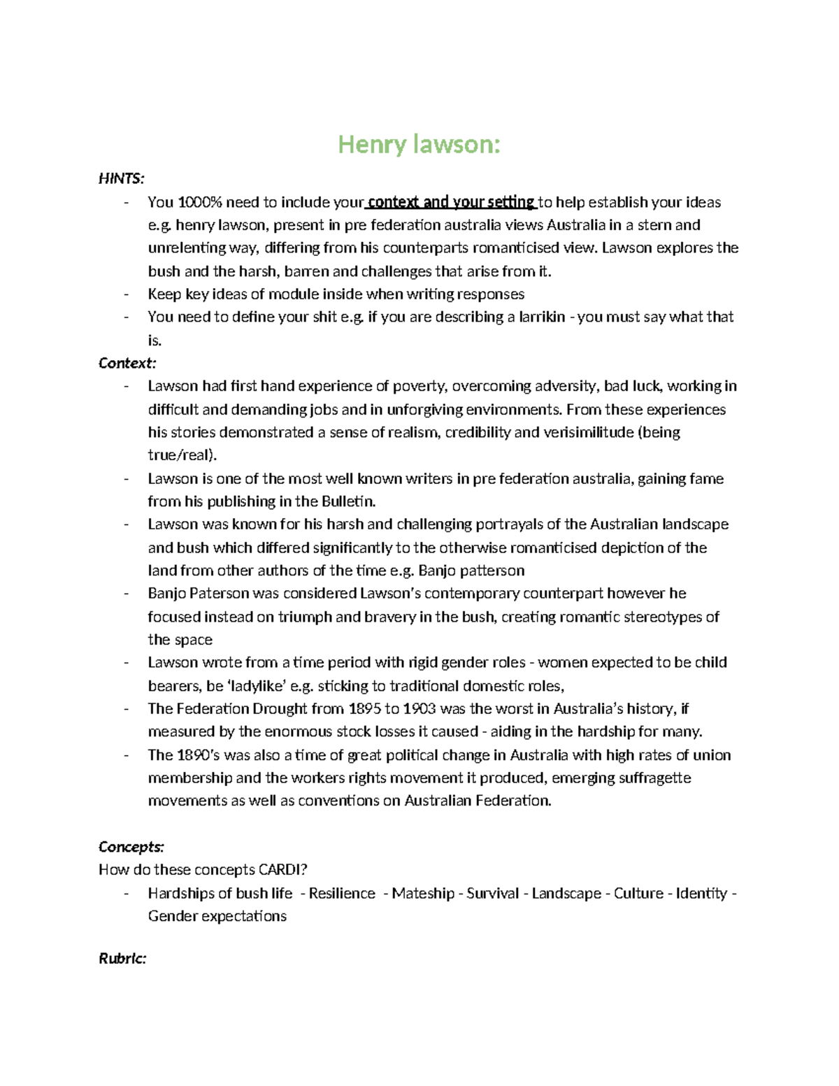 Henry lawson - Henry lawson: HINTS: - You 1000% need to include your ...