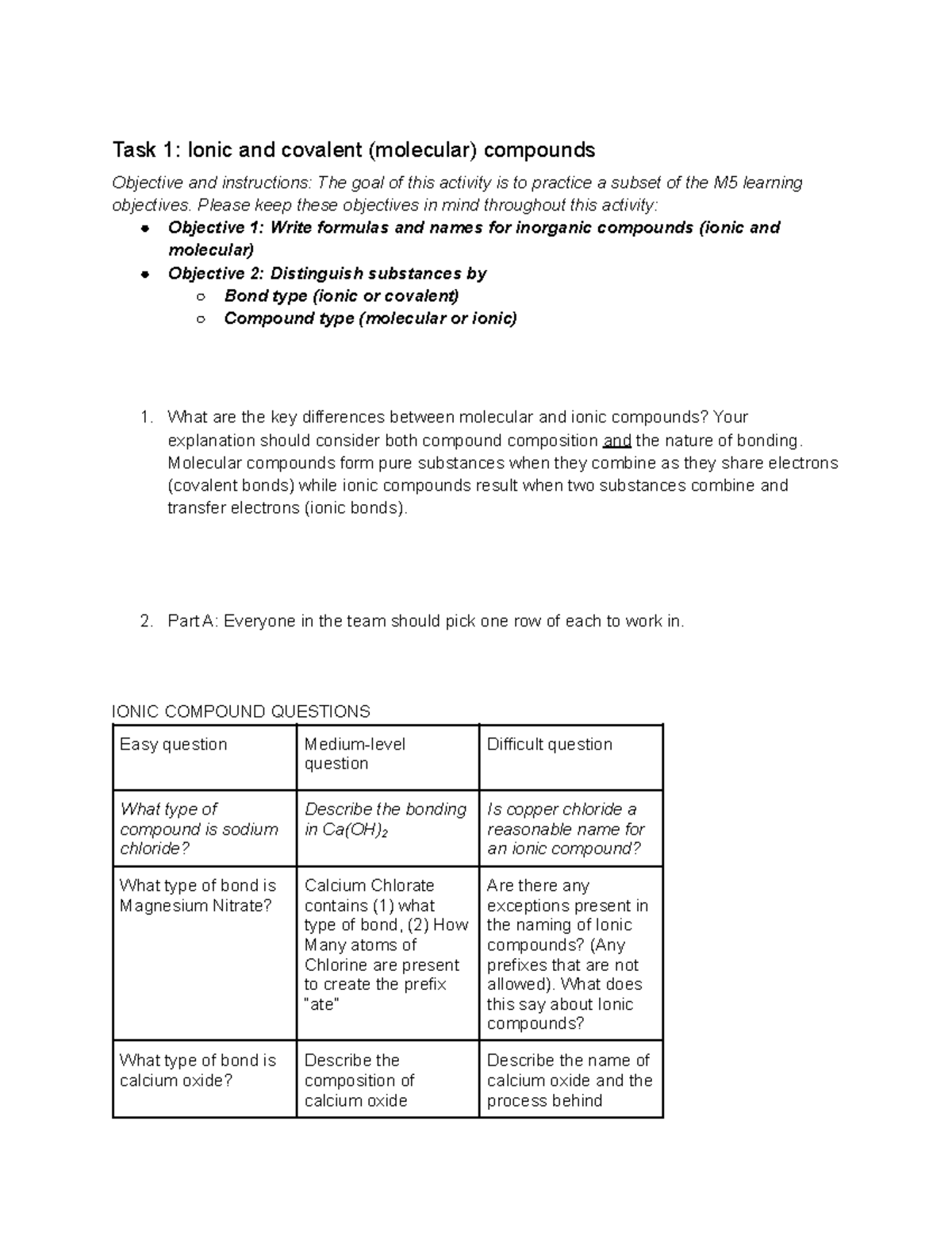 Module 5 bonds - Task 1: Ionic and covalent (molecular) compounds ...