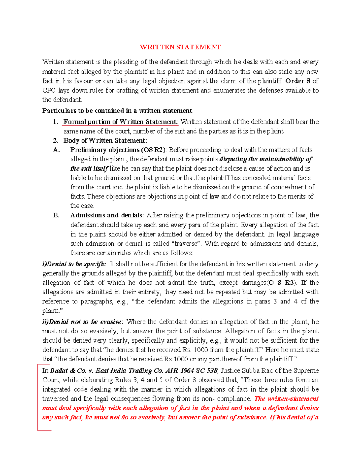 Written statement - Cpc - WRITTEN STATEMENT Written statement is the ...