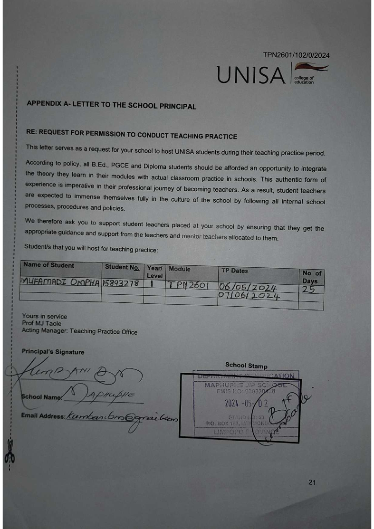 Tpn2601 placement latter - tpn2602 - Studocu