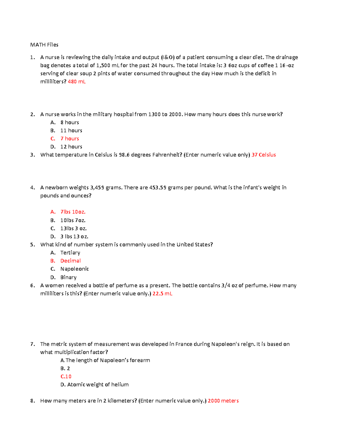Math hesi - Hesi math practice - MATH Files 1. A nurse is reviewing the ...
