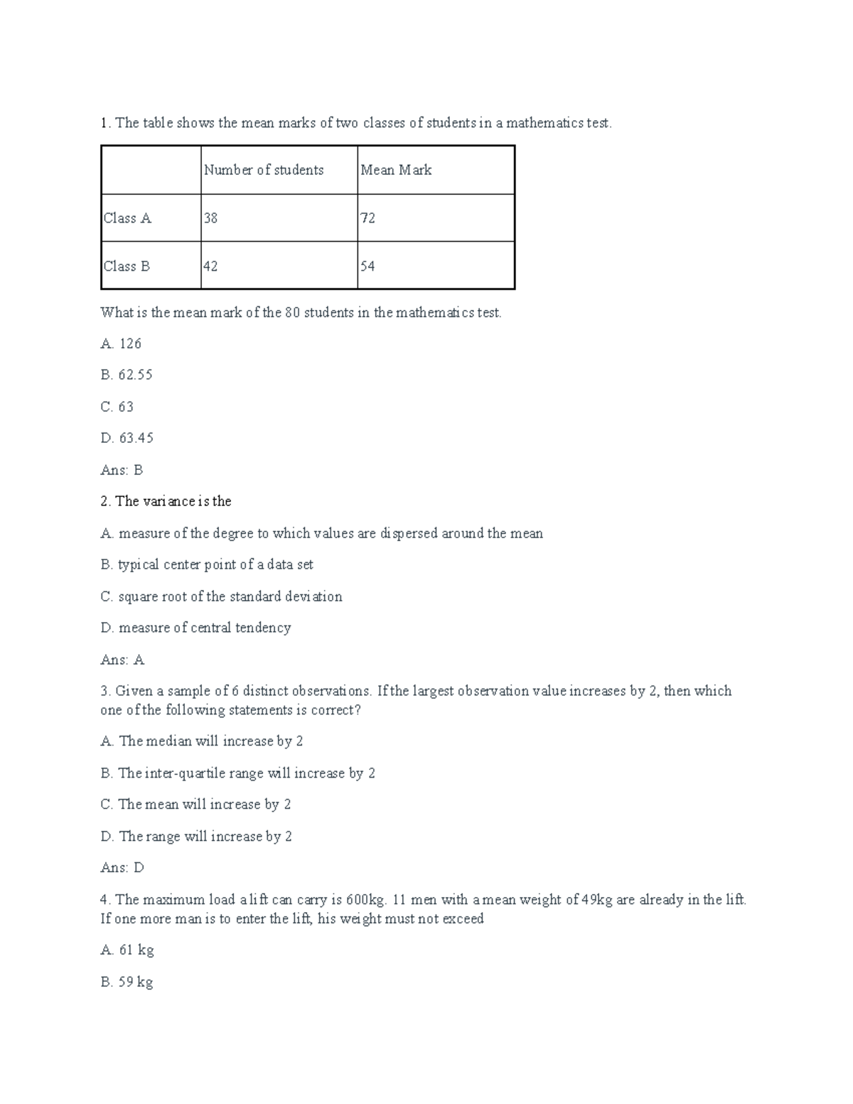 Quiz 1 - CB2200 - The table shows the mean marks of two classes of ...