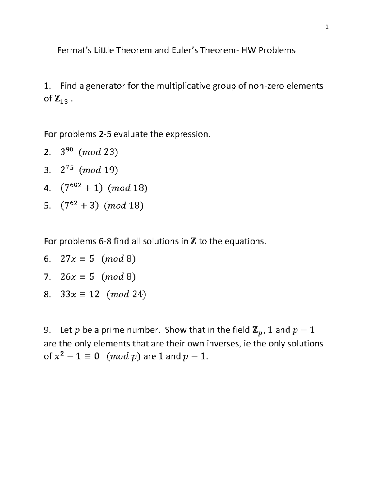 Fermat hw - Abstract Algebra - 1 Fermat’s Little Theorem and Euler’s ...