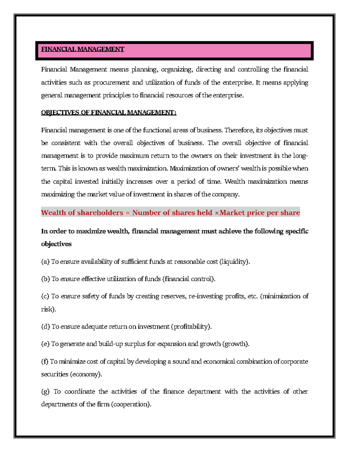 Financial Management - Introduction notes - FINANCIAL MANAGEMENT ...