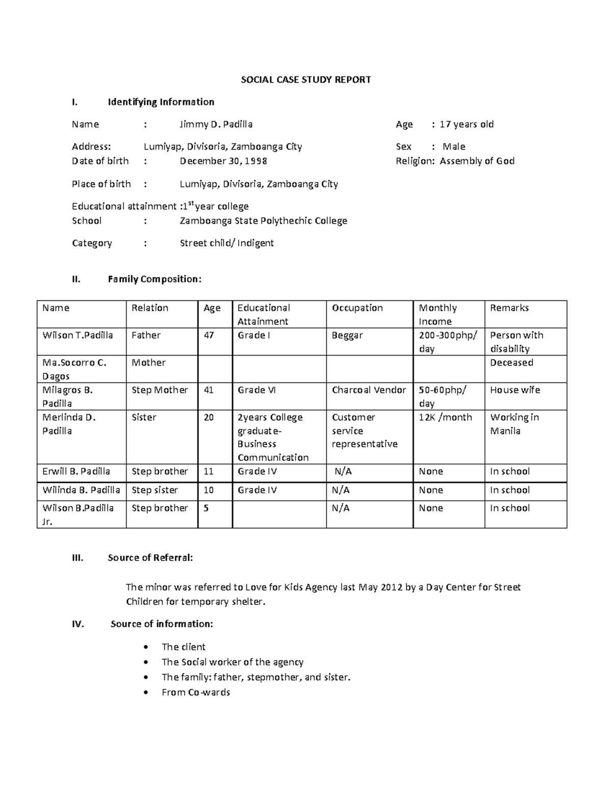 Sample case study - SOCIAL CASE STUDY REPORT I. Identifying Information Name : Jimmy D. Padilla ...