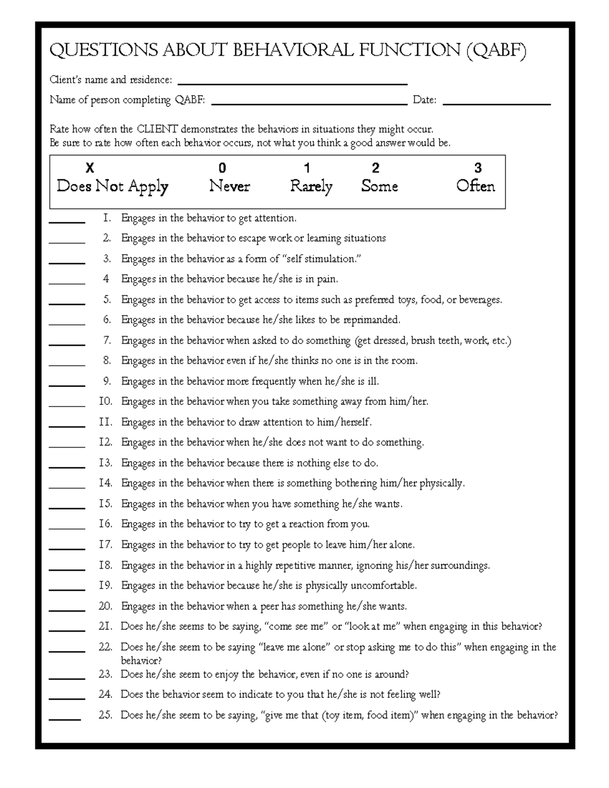 QABF - ABA assessment - Questions About Behavioral Functions (QABF ...