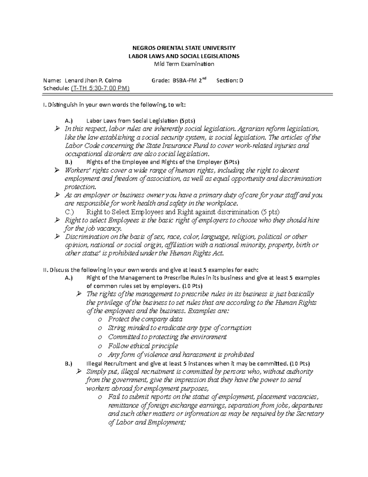 Mid Term Exam Labor Law and Social Legislation - NEGROS ORIENTAL STATE ...