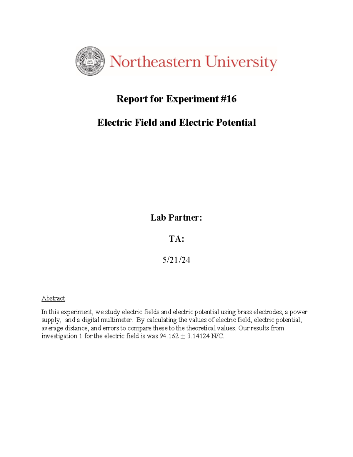 Experiment 16 - Report for Experiment # 16 Electric Field and Electric ...