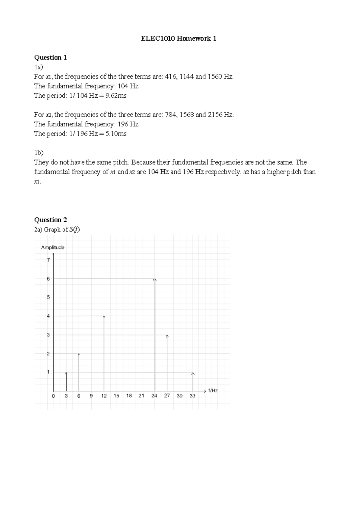 ELEC1010 HW1 - Check - ELEC1010 Homework 1 Question 1 1a) For 𝑥1, the frequencies of the three ...