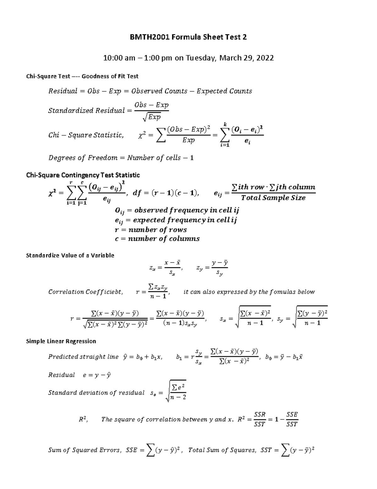 Formula Sheet of Quantitative Methods for Test 2 - BMTH2001 Formula ...