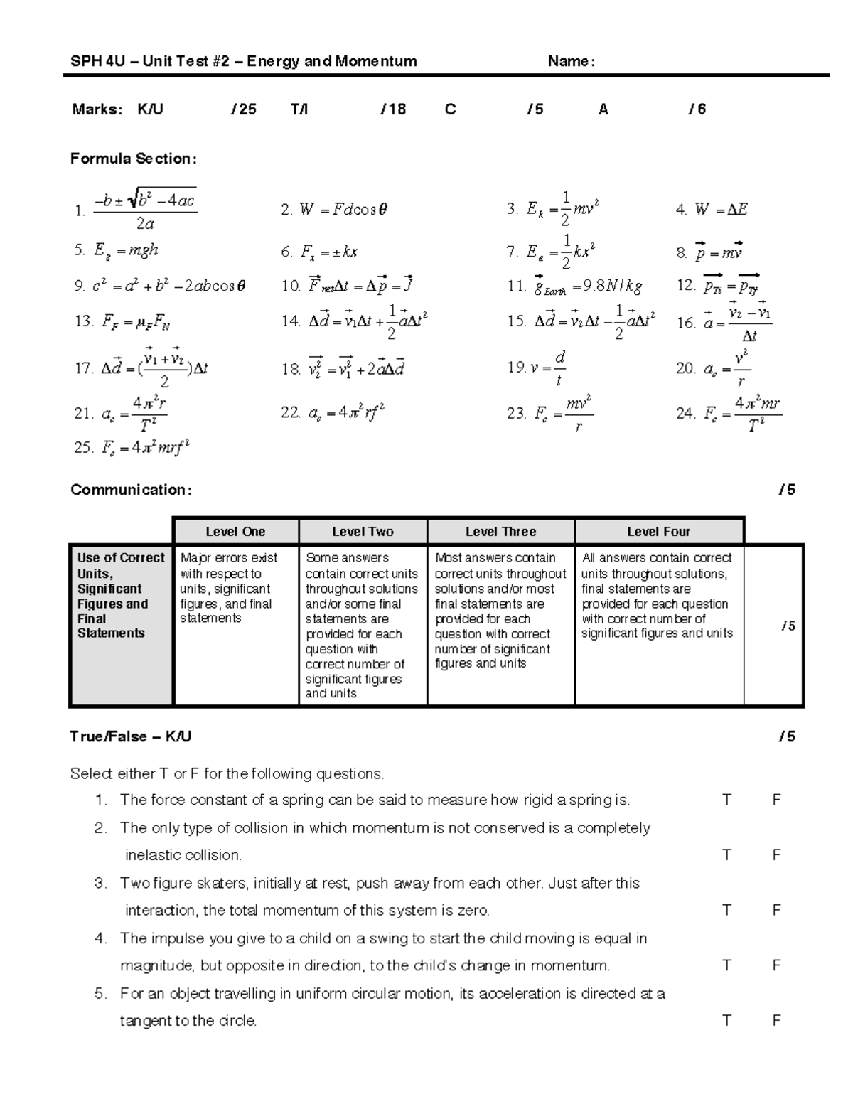 SPH4U Energy Momentum Sampletest - SPH 4U – Unit Test #2 – Energy and ...