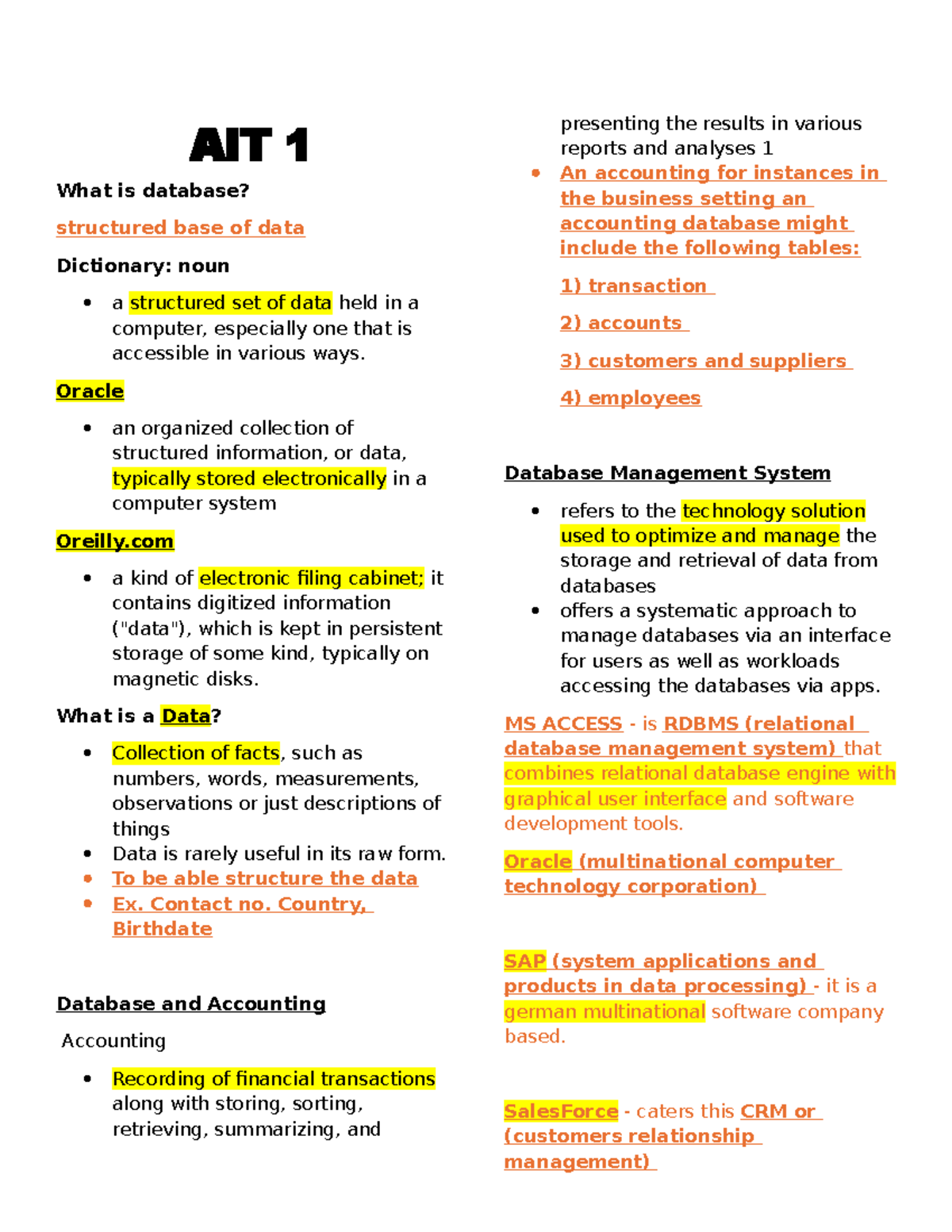 AIT 1 - asdssdsds - AIT 1 What is database? structured base of data ...