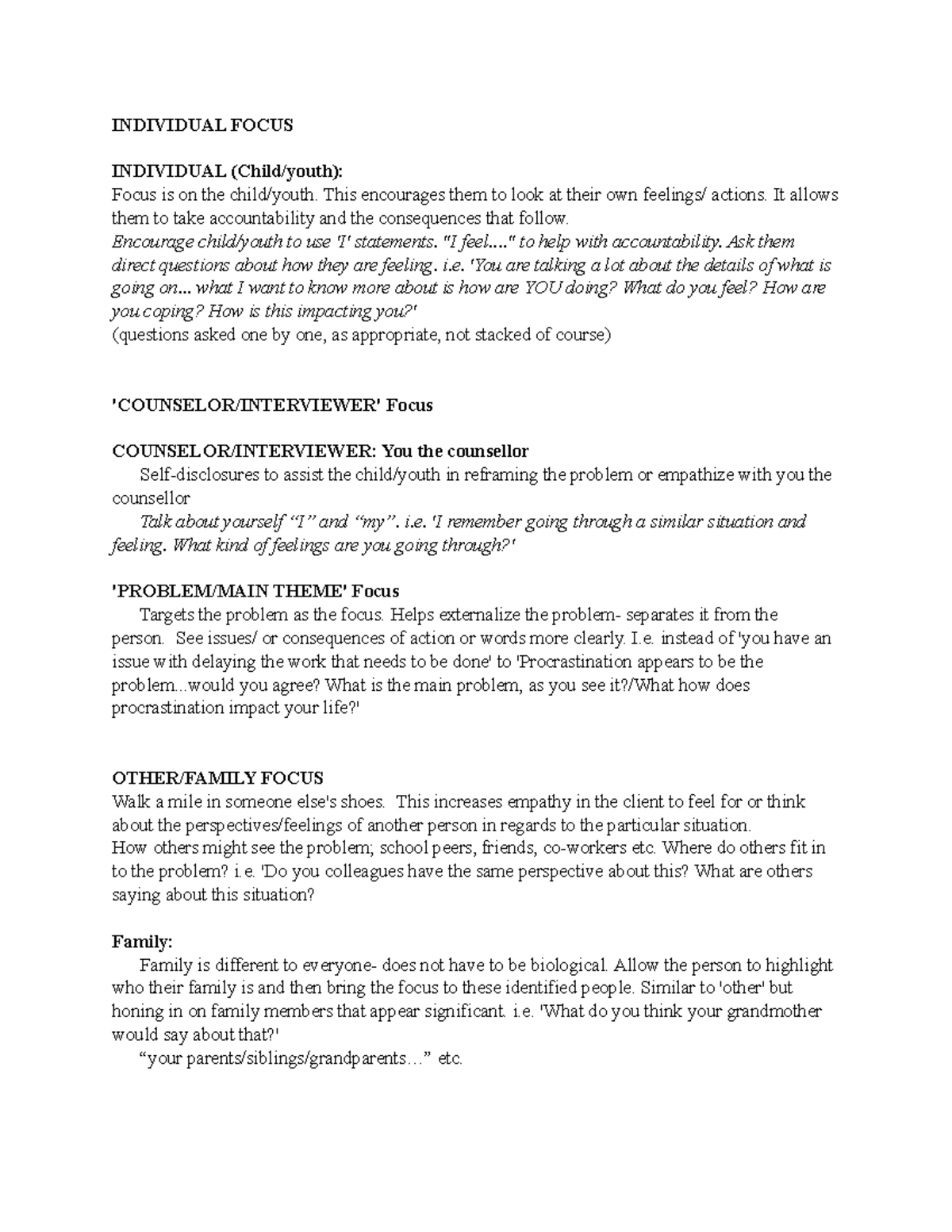 Focus and Conflict Skills - INDIVIDUAL FOCUS INDIVIDUAL (Child/youth ...