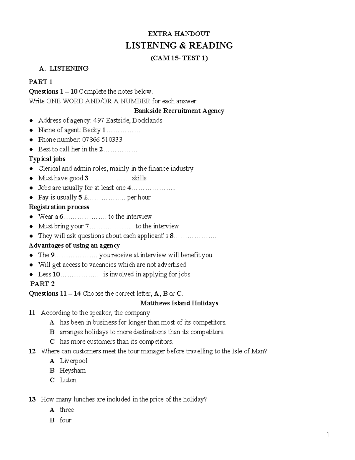 EB1+.1- Extra Handout - EXTRA HANDOUT LISTENING & READING (CAM 15- TEST ...