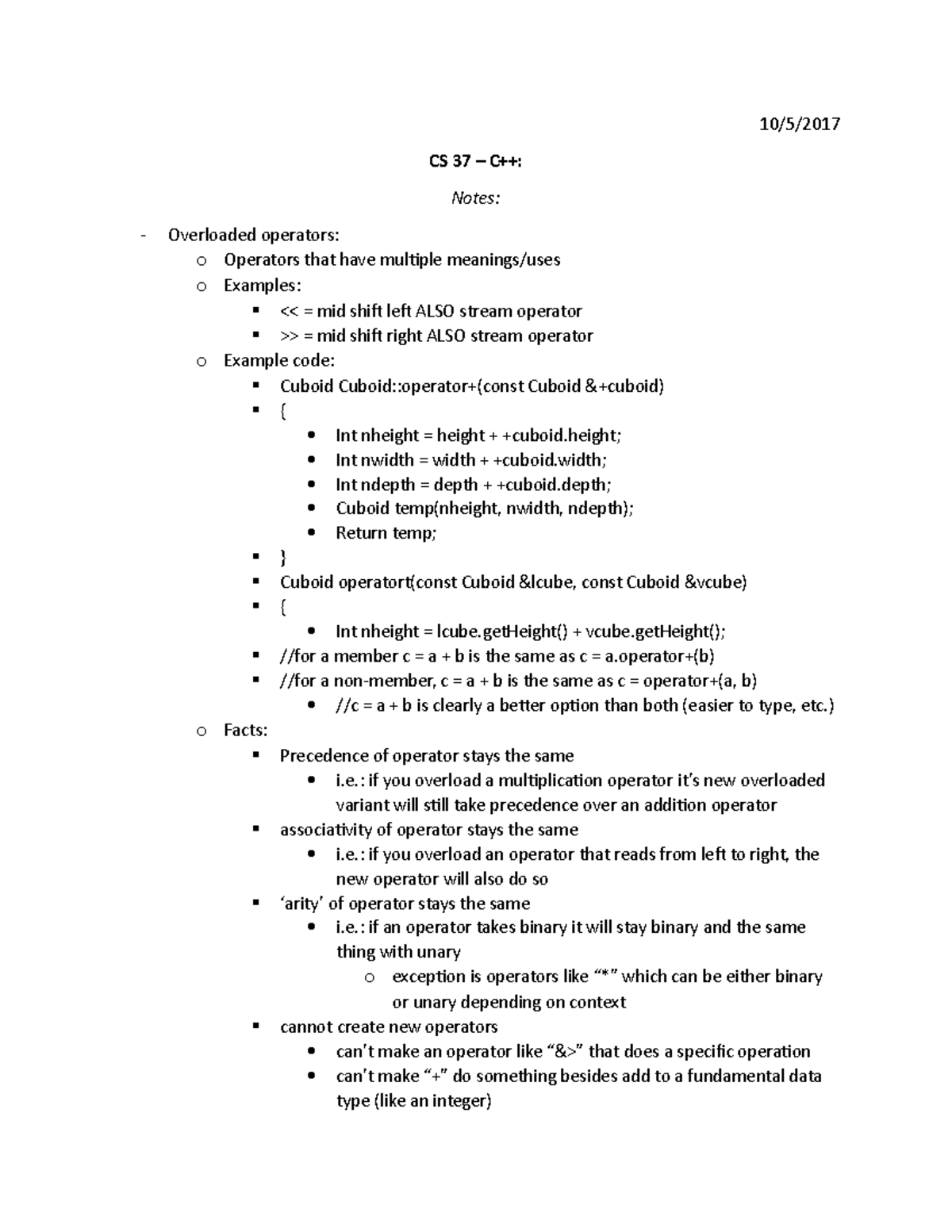 CS 37 - Notes #7 - 10/5/ CS 37 – C++: Notes: Overloaded operators: o ...