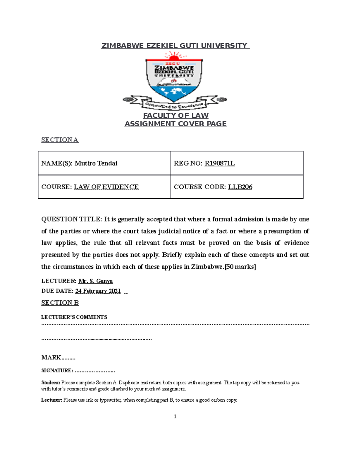 Tendai Mutiro Evidence Assignment - ZIMBABWE EZEKIEL GUTI UNIVERSITY ...