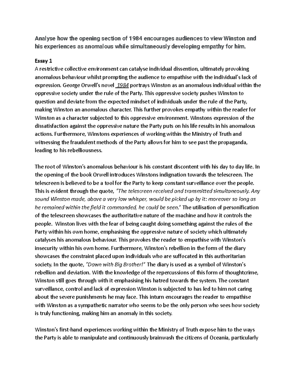 1984 Essay 1 - 1984 - got 15/20 - Analyse how the opening section of ...
